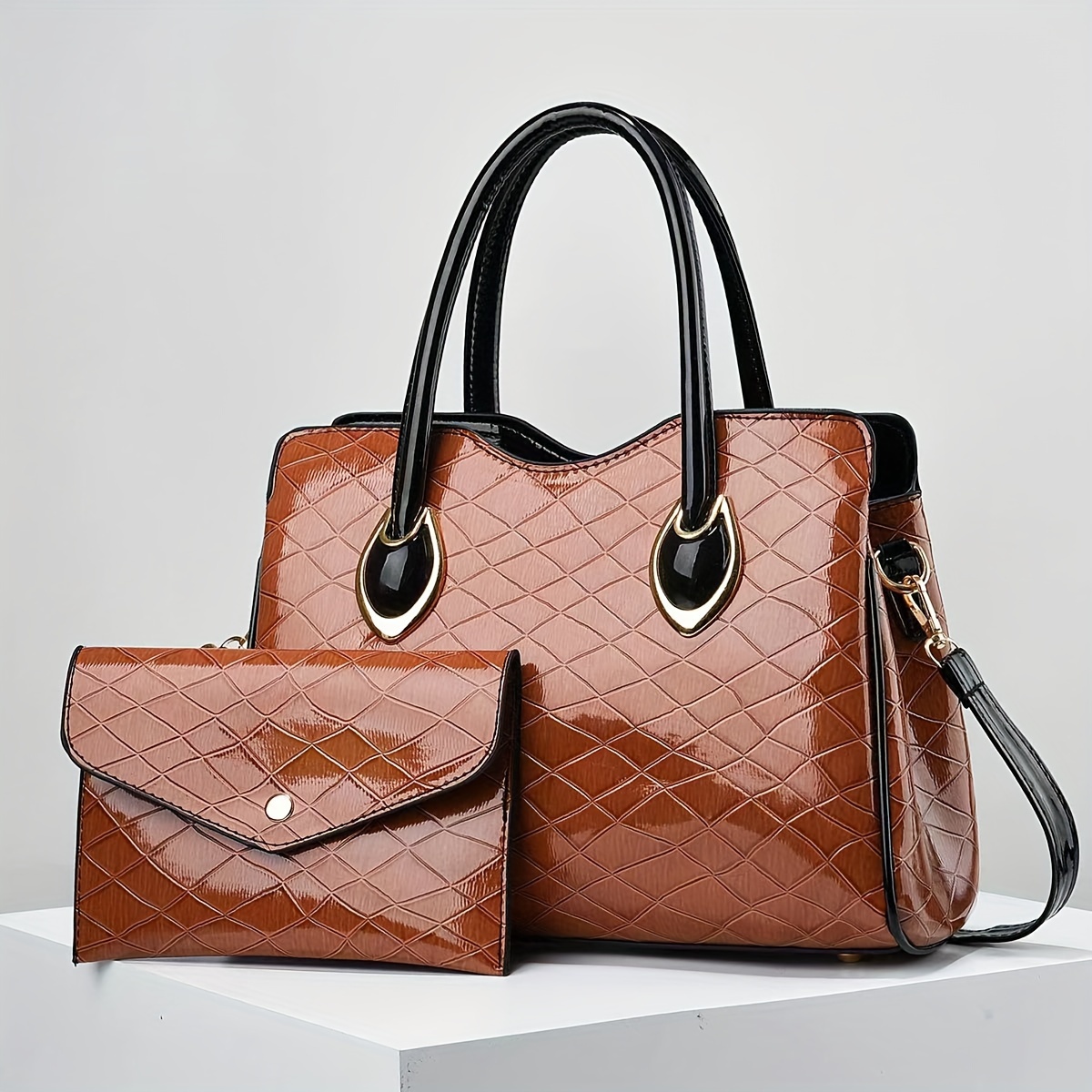 Argyle Pattern Handbag Set Fashion Glossy Shoulder Bag - Temu United ...