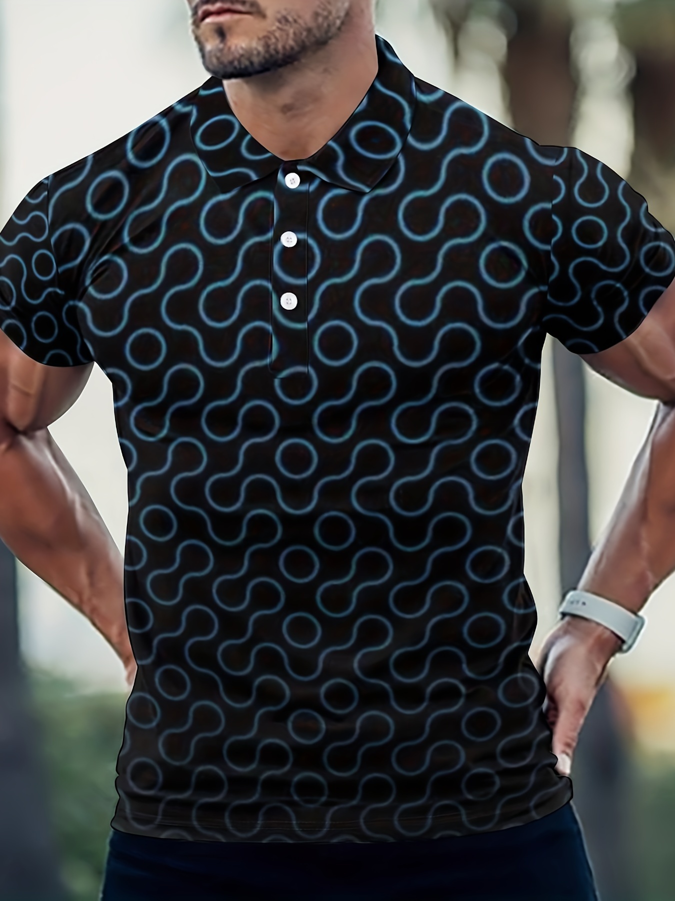 Abstract Pattern Casual Slightly Stretch Button Short Sleeve Temu New