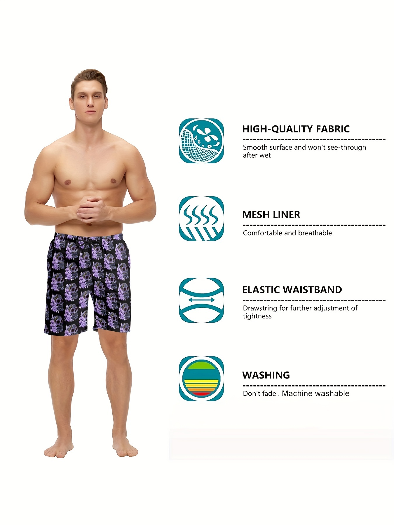 Skull Floral Print Quick drying Mesh Lining Drawstring Swim - Temu ...