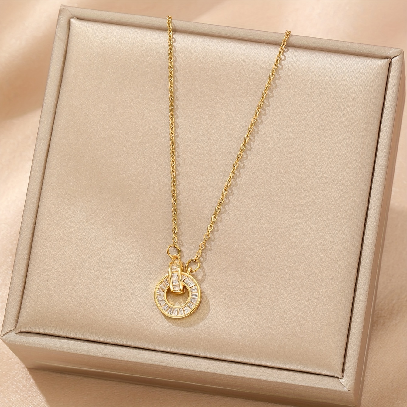 Golden Light Luxury Zircon Ring Interlocking Stainless Steel - Temu ...