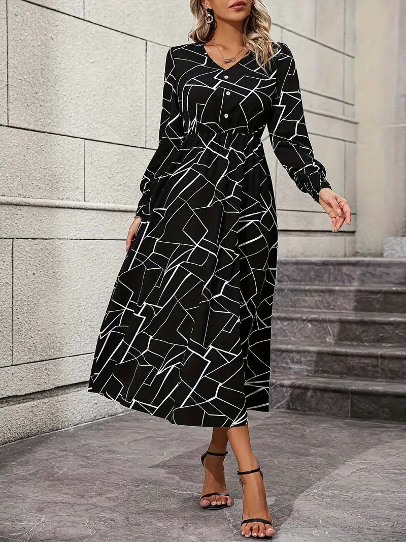 Geo Print Midi Dress Elegant V Neck Long Sleeve Dress Regionname