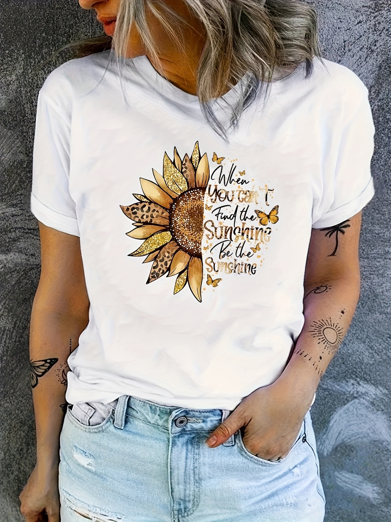 Sunflower Print T shirt Short Sleeve Crew Neck Casual Top - Temu Australia