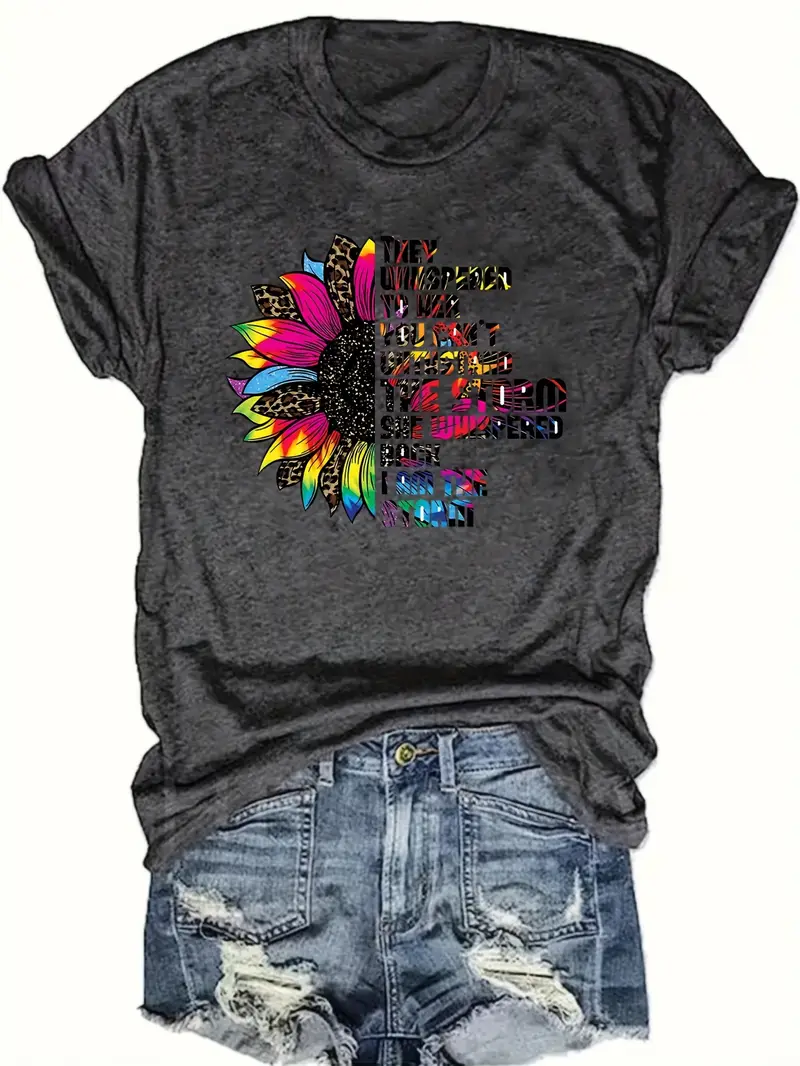 Floral Letter Print T Shirt Casual Short Sleeve Crew Neck Temu Canada