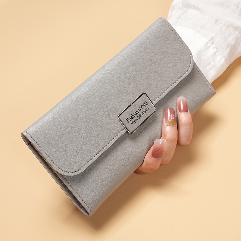 Fashion Large Capacity Long Wallet Solid Color Trifold - Temu Canada