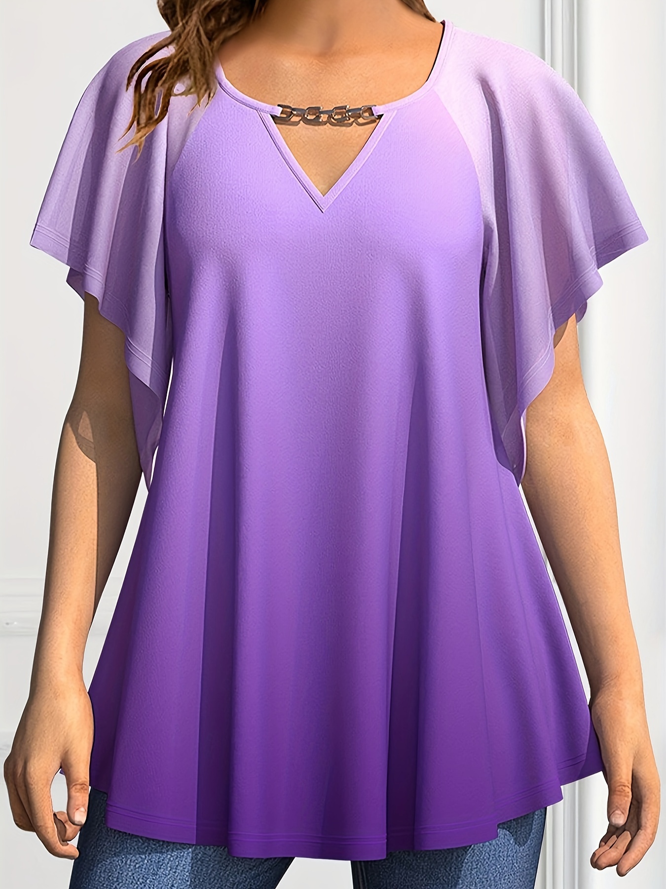Casual Top Plus Size Women s Plus Ombre Print Flutter Sleeve - Temu ...