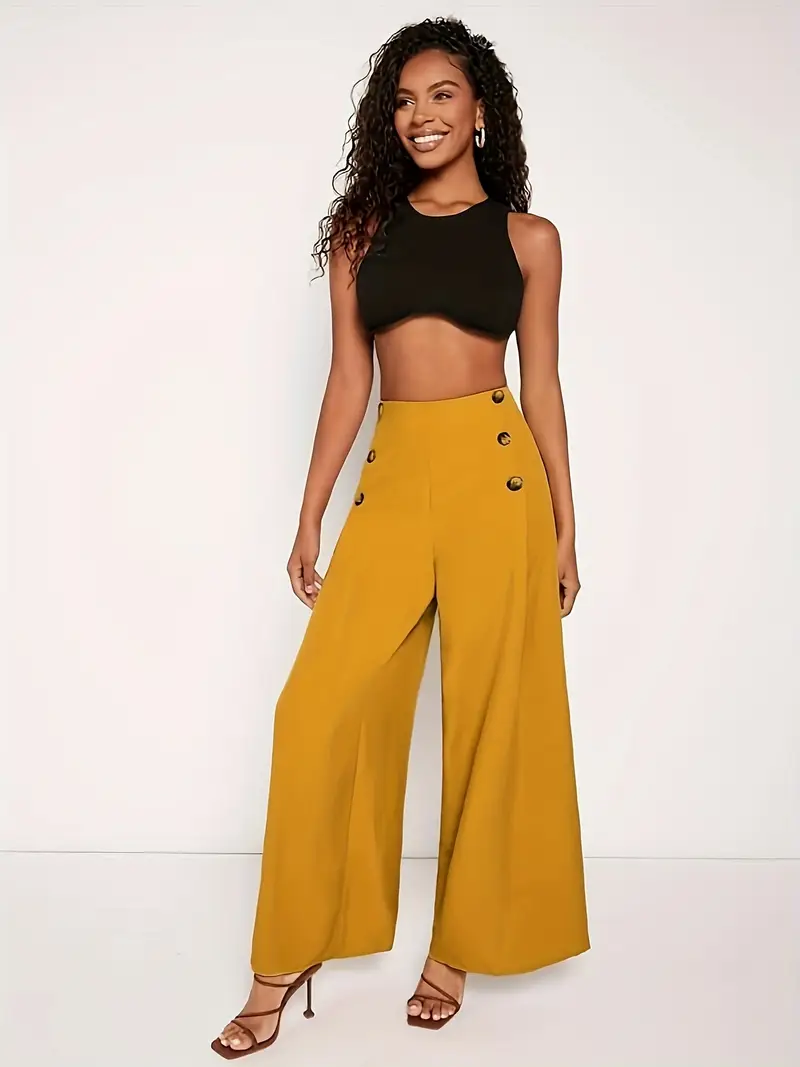 Solid Wide Leg Pants Elegant Button Decor High Waist Loose Temu New