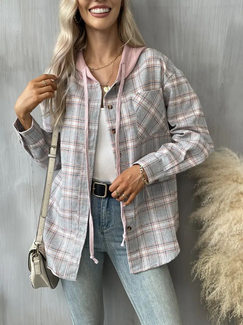 Hooded Plaid Print Blouse Casual Button Front Drawstring Temu