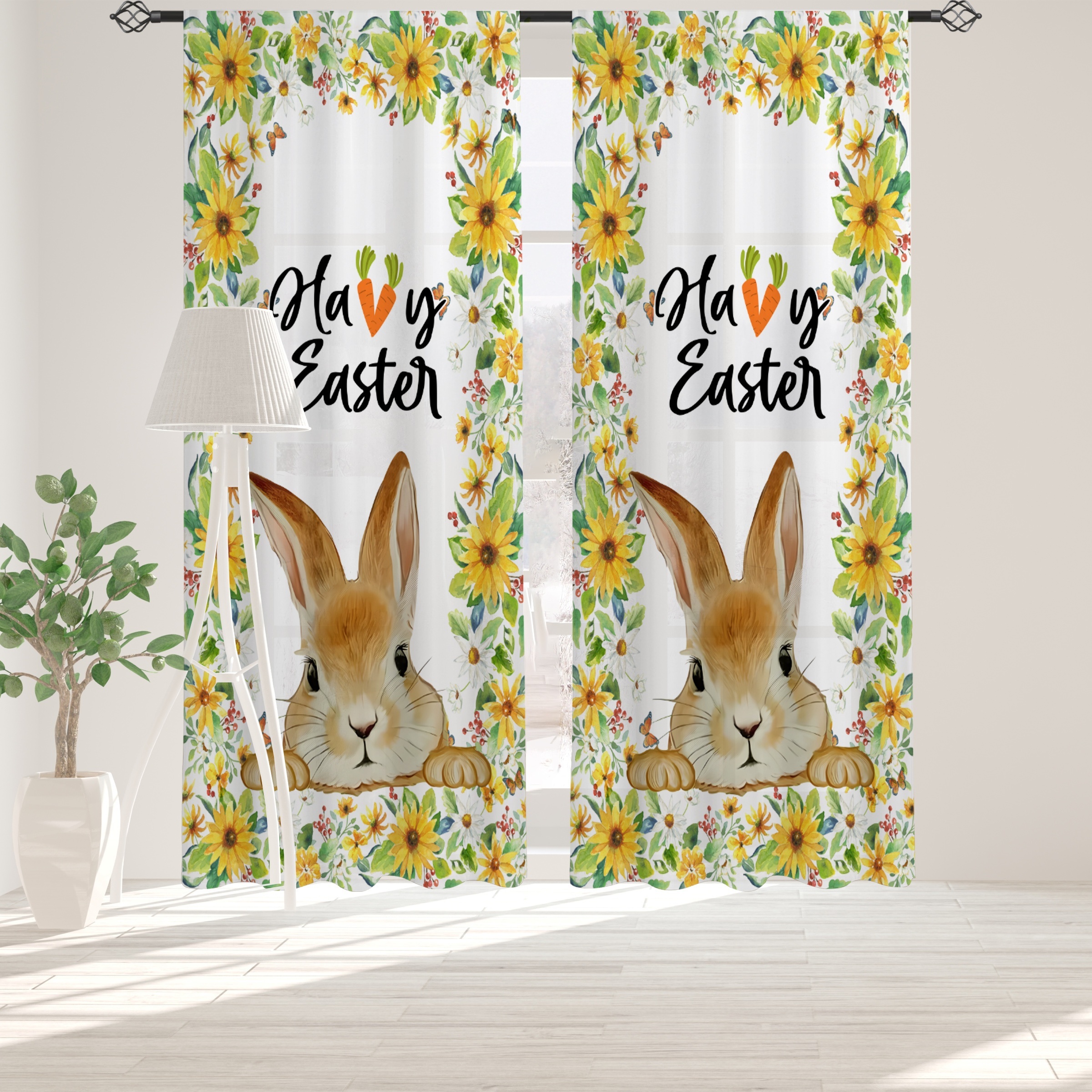 2pcs Easter Floral Rabbit Print Translucent Curtains Multi - Temu New ...