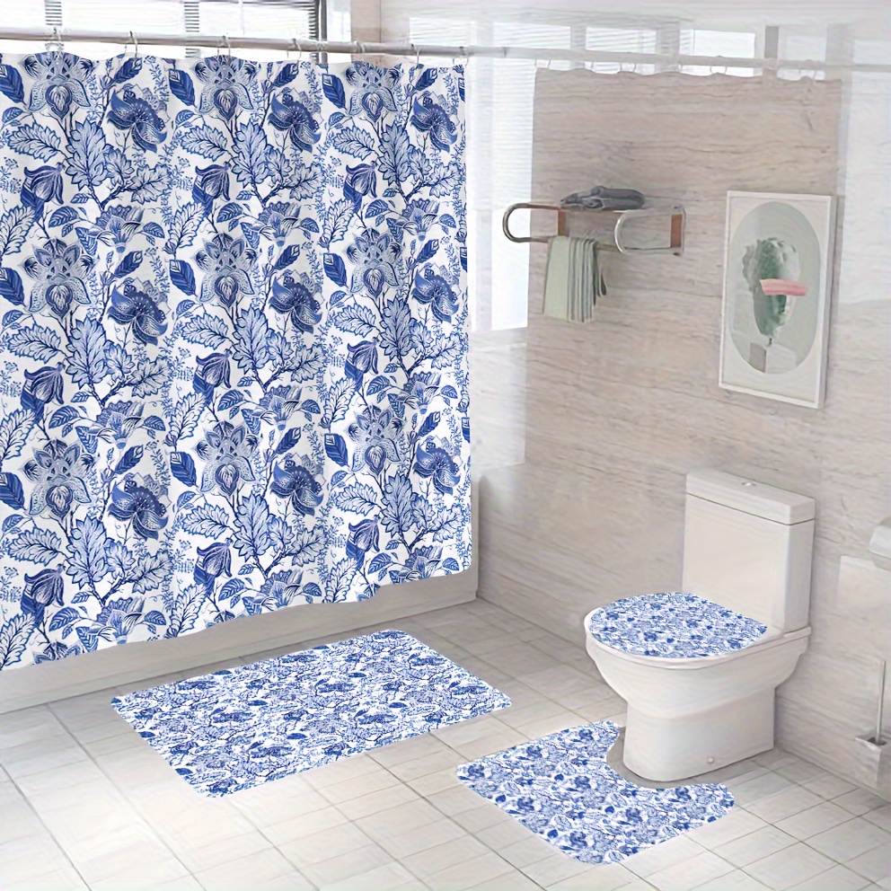 Shower Curtain Set Blue Floral Printed Waterproof Bathroom - Temu Australia