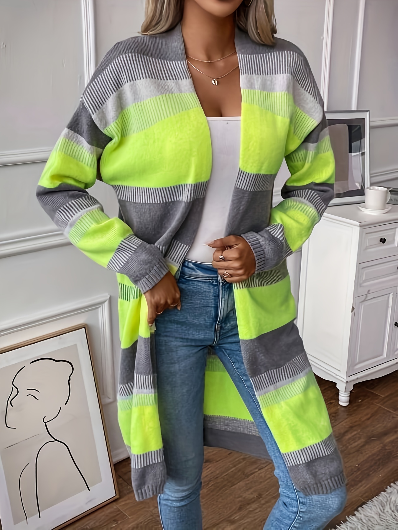 Color Block Open Front Cardigan Casual Long Sleeve Drop - Temu Australia