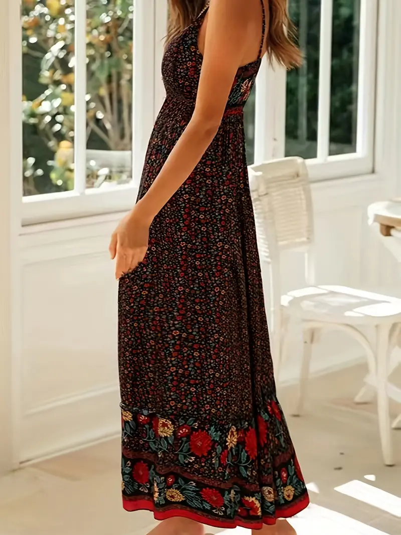 Boho Floral Print Ankle Cami Dress Boho Ruffle Hem Backless Temu