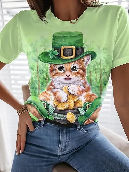 Cat Print Crew Neck T Shirt Casual Short Sleeve T Shirt Temu