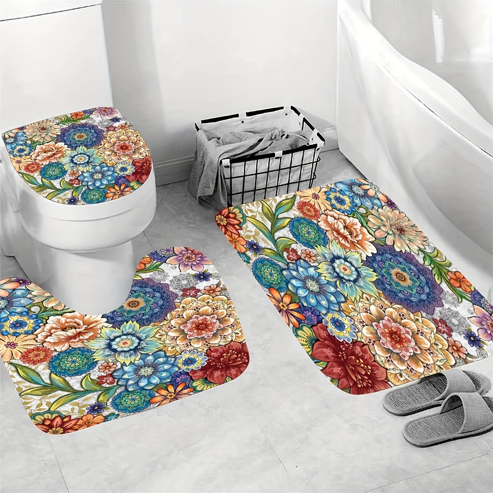 Floral Pattern Shower Curtain Set Waterproof Curtains - Temu United Kingdom