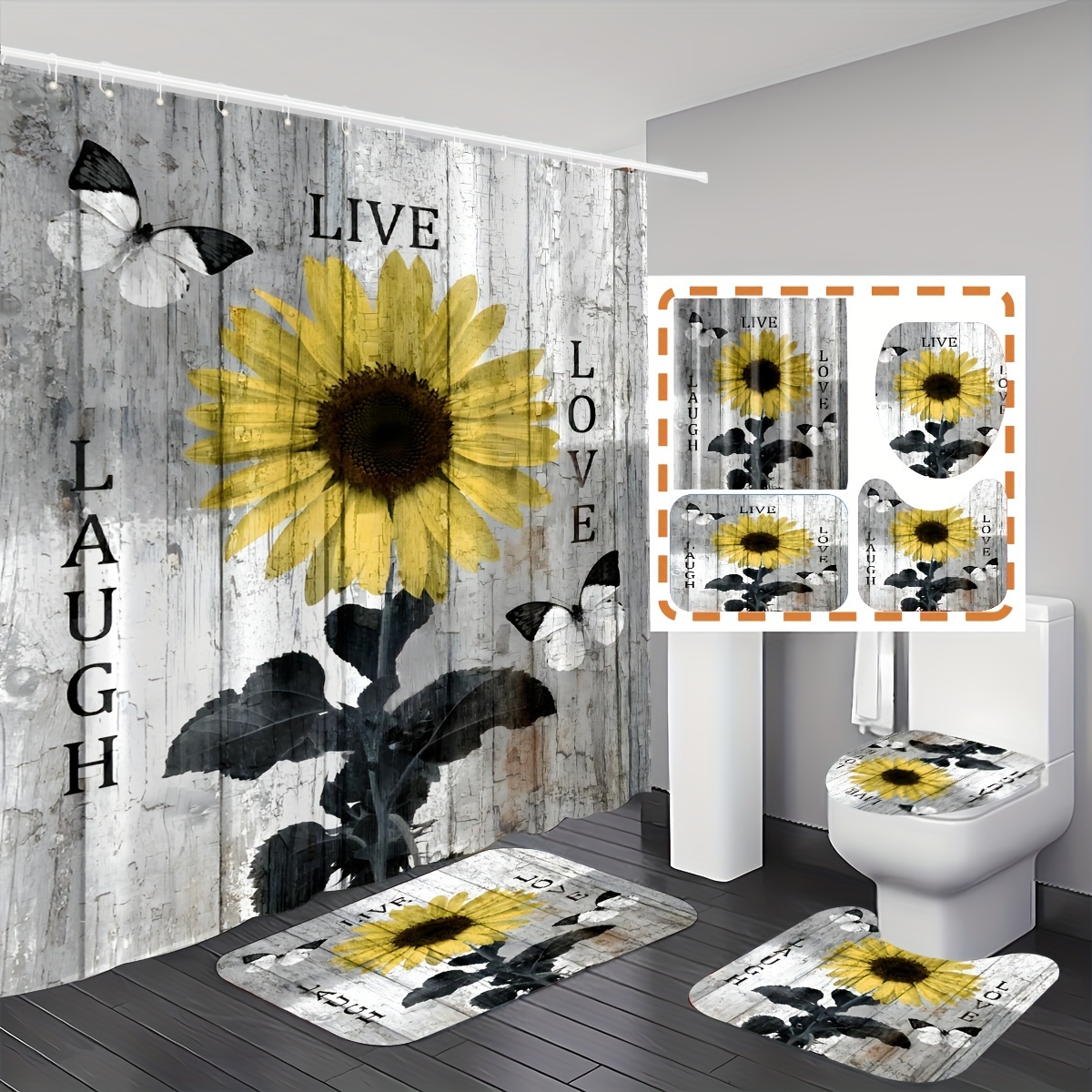 1 4pcs Sunflower Pattern Shower Curtain Set Waterproof - Temu United ...
