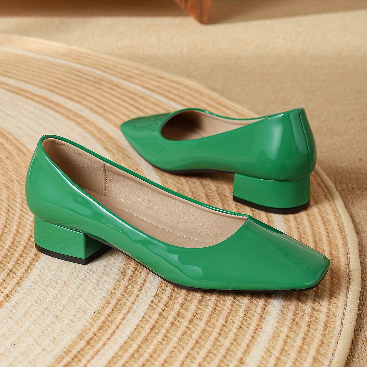 Patent Leather Shoes Women's Square Toe Chunky Heels Solid - Temu Australia