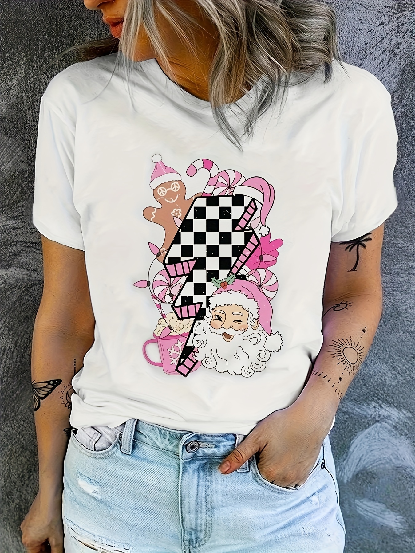 Christmas Print T shirt Casual Crew Neck Short Sleeve Top - Temu