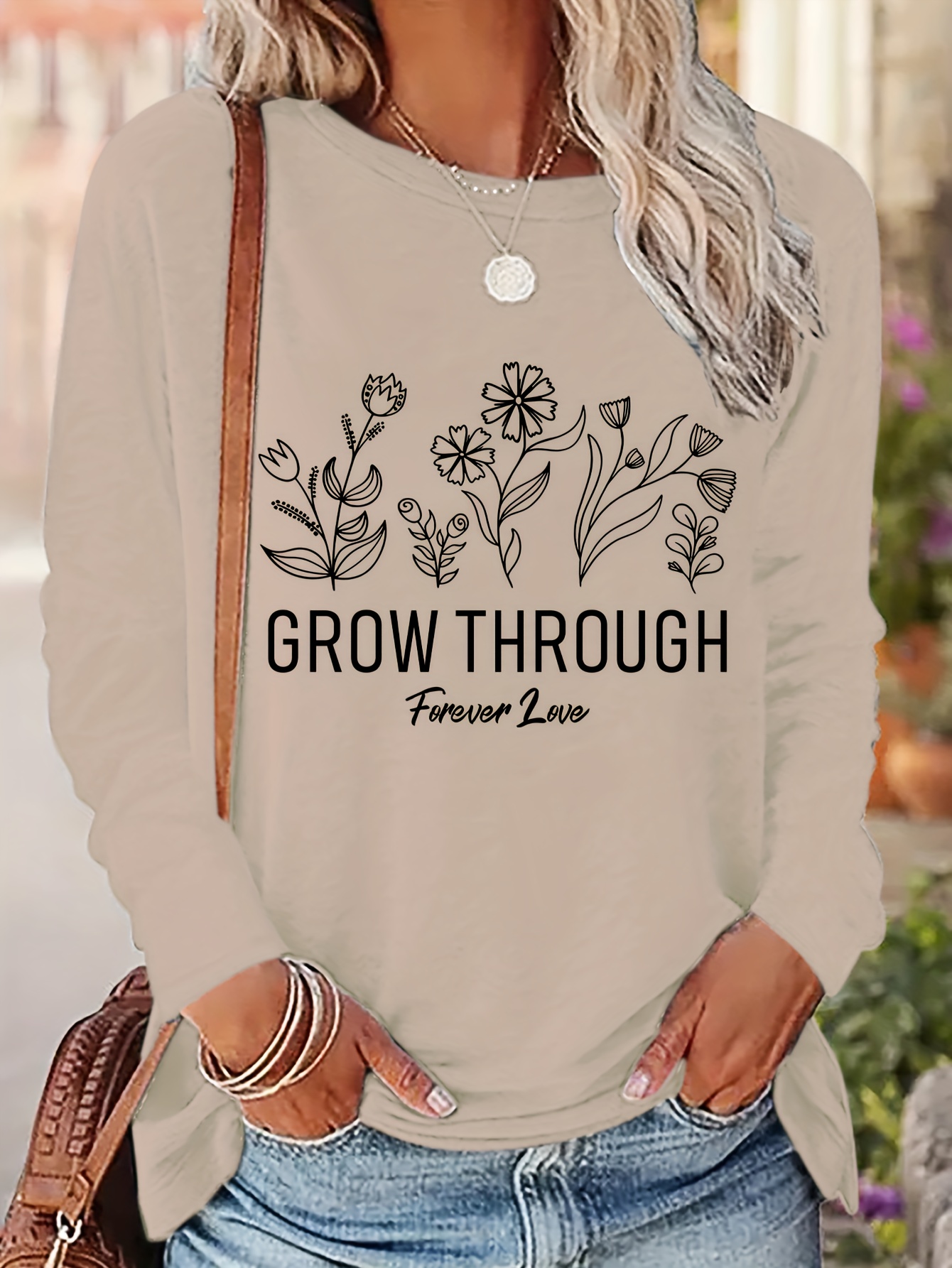 Floral Letter Print Crew Neck T Shirt Casual Long Sleeve Top Temu