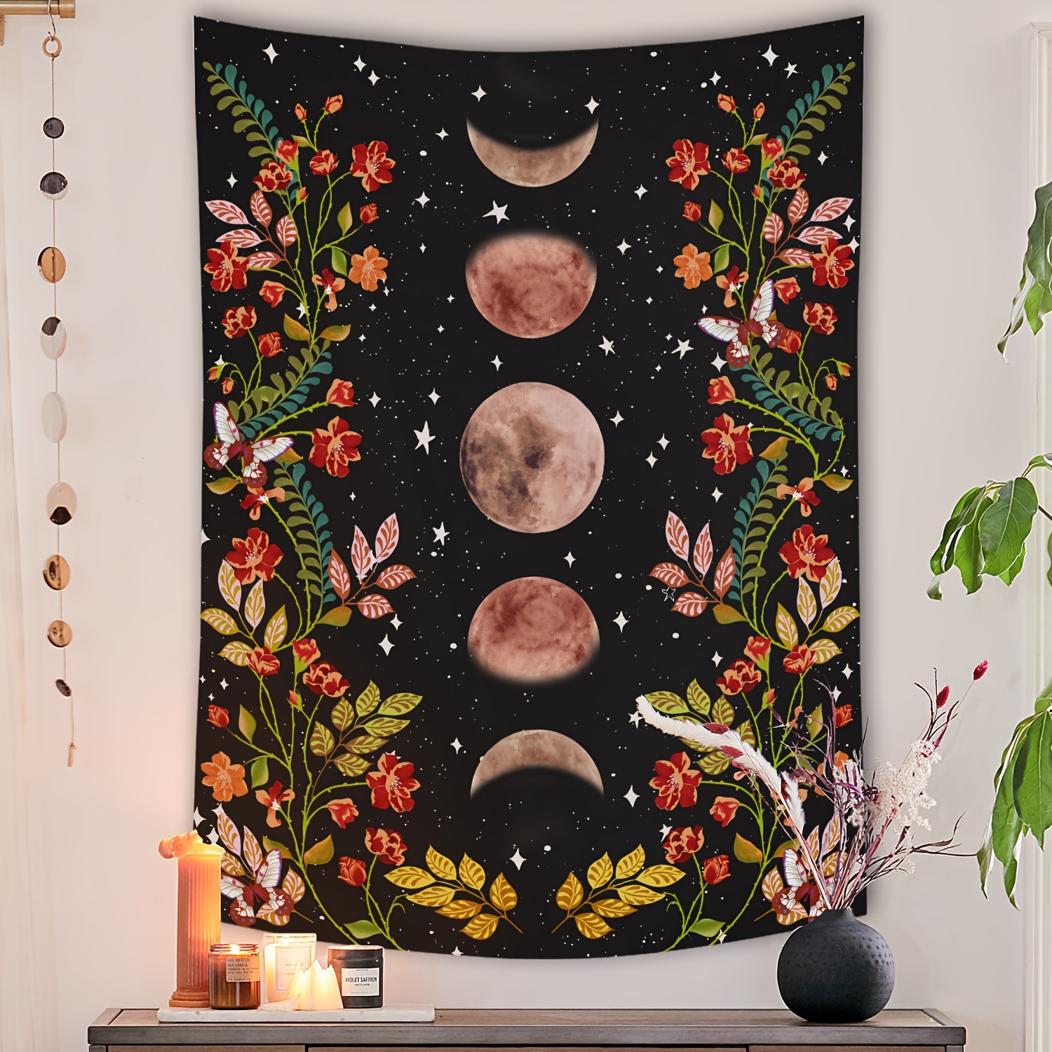 1pc Moonlight Garden Tapestry Moon Phase Vines Flowers Print - Temu New ...