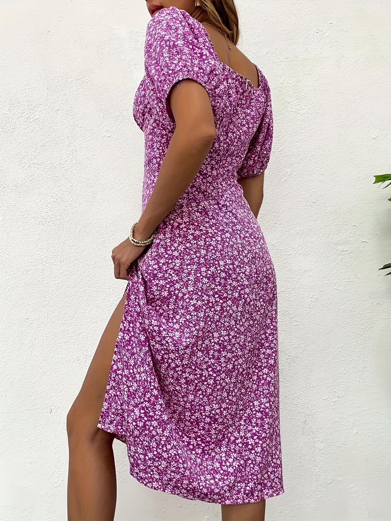 Ditsy Floral Print Dress Elegant Split Puff Sleeve Dress - Temu Australia