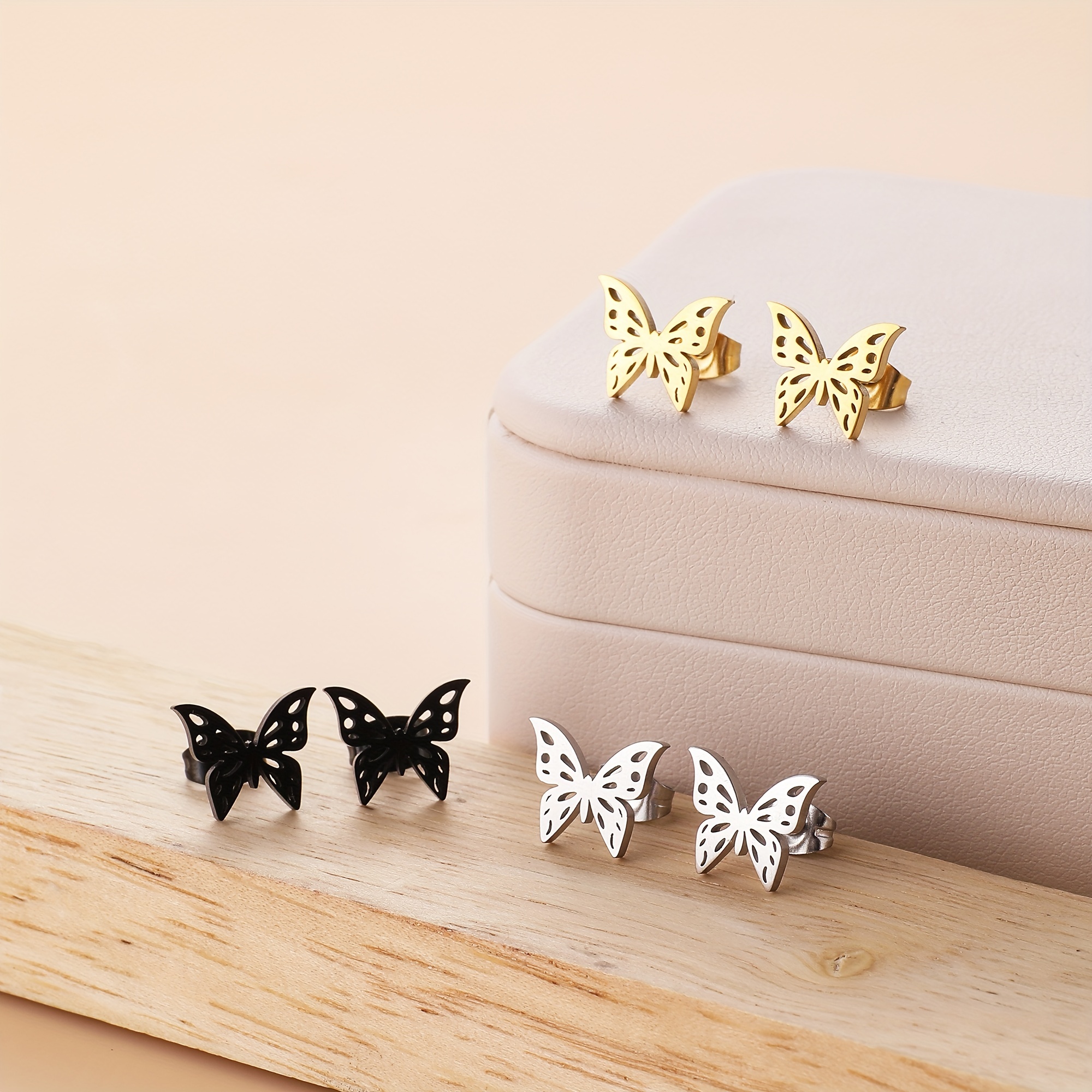 Hollow Butterfly Design Stud Earrings Elegant Simple Style 18k Gold Plated Lightweight Female ...