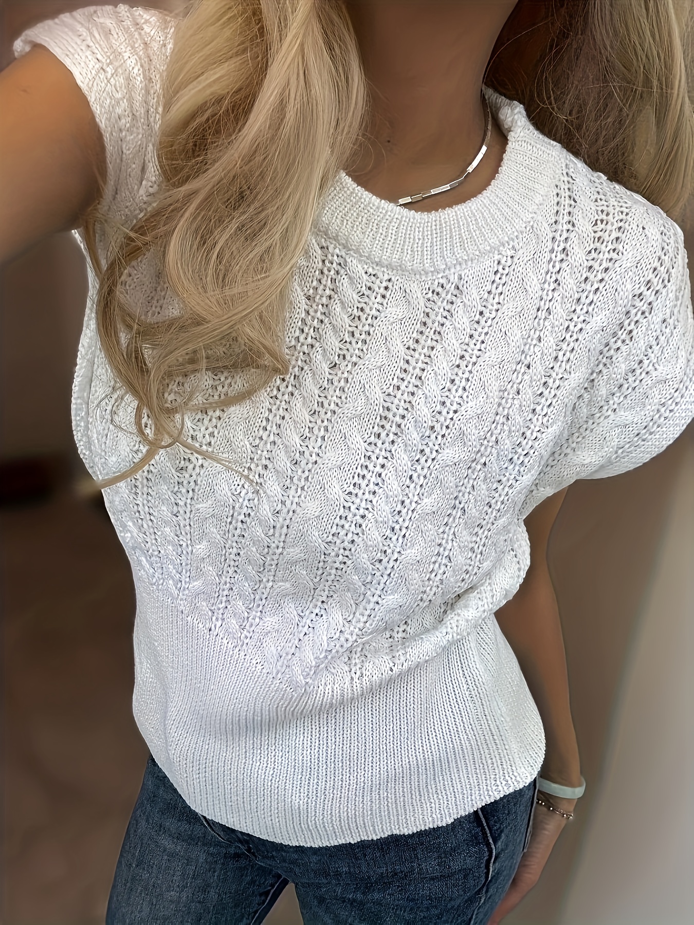 Solid Crew Neck Cable Knit Vest Elegant Sleeveless Loose Top - Temu ...