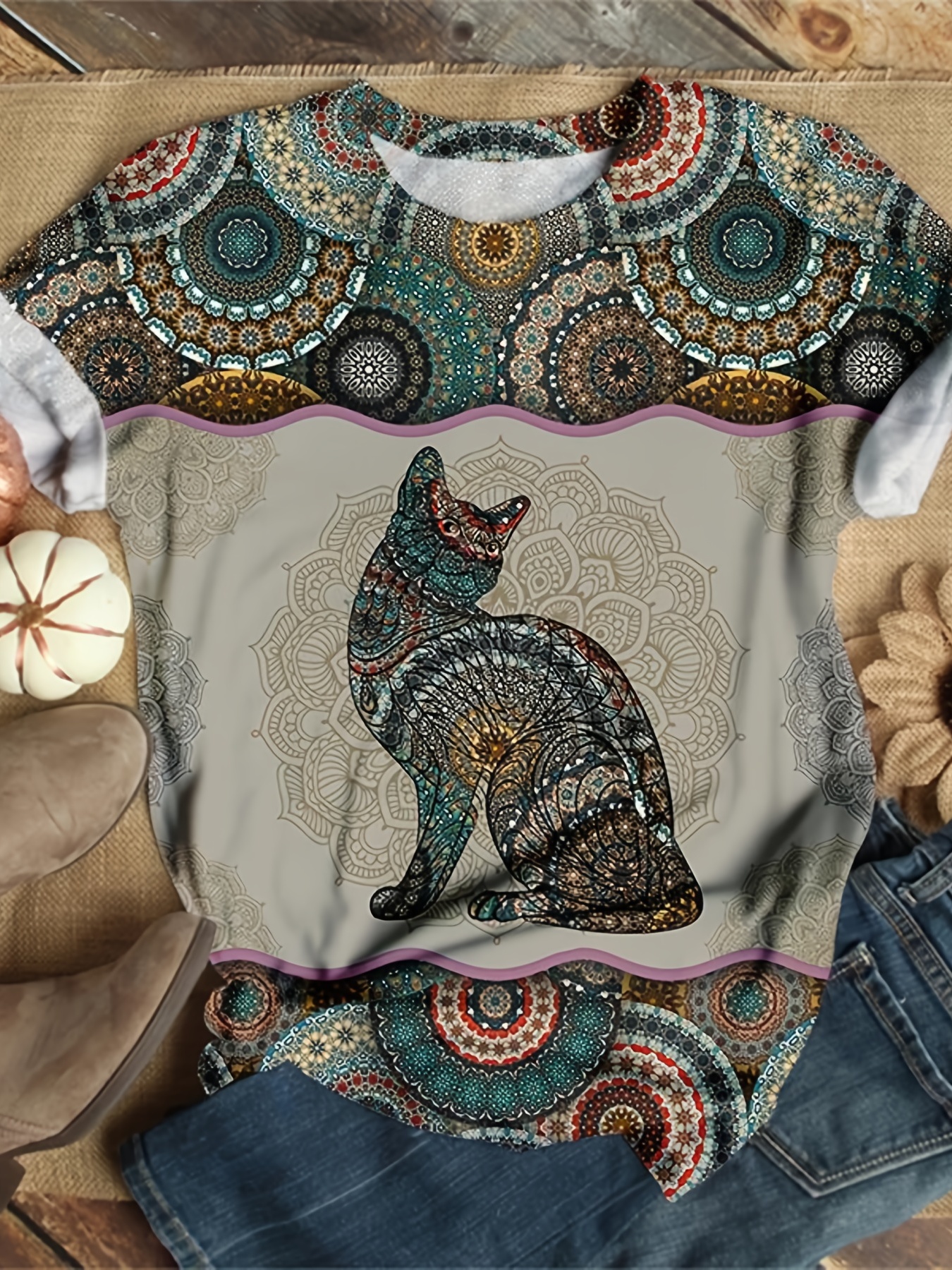 mandala floral cat print t shirt ethnic crew neck short - {region_name}