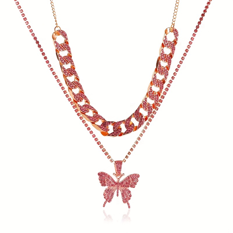 Hip Hop Cuban Chain Fashion Double Layer Shiny Big Butterfly - Temu ...