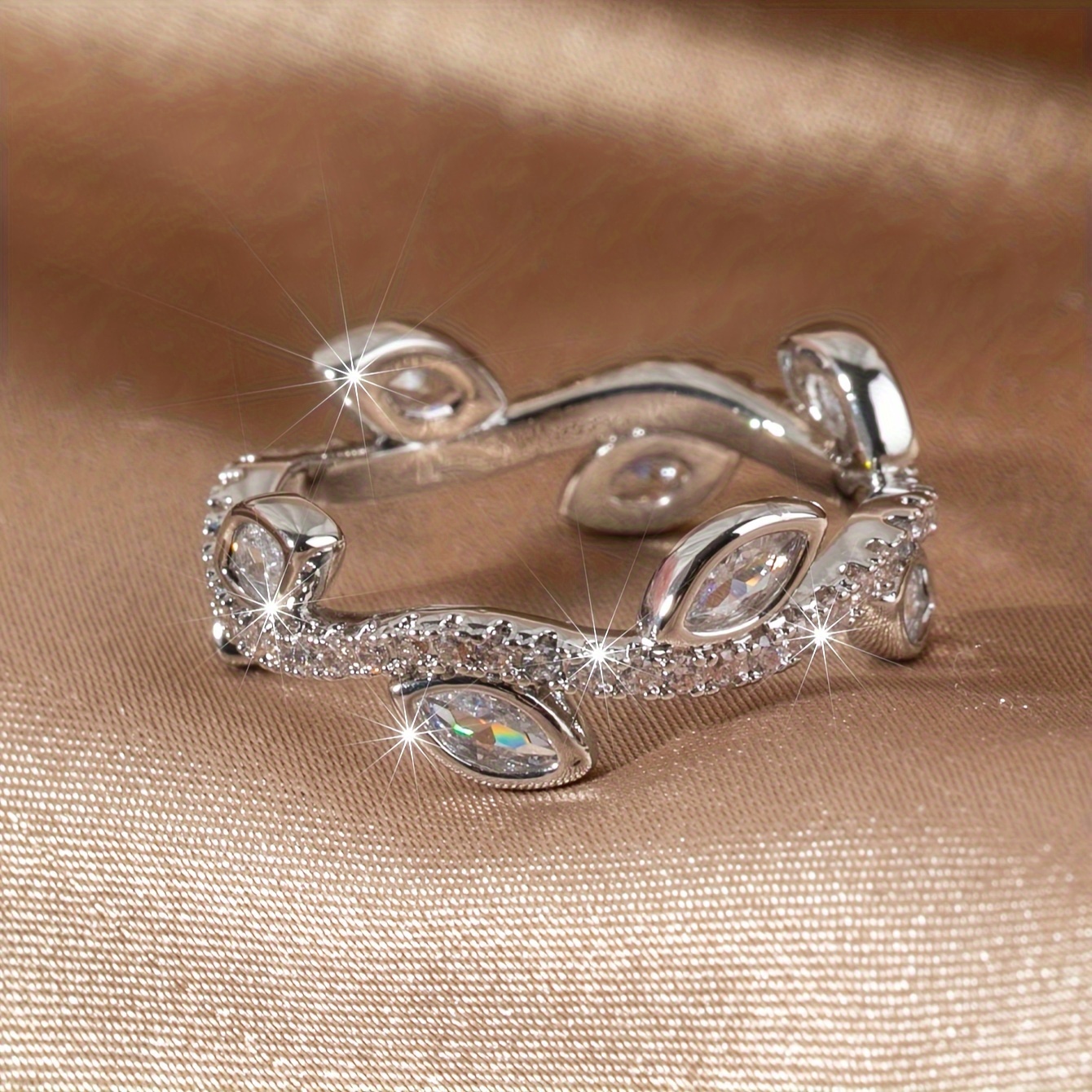 Elegant Promise Ring Trendy Leaf Design Silver Plated Paved - Temu ...