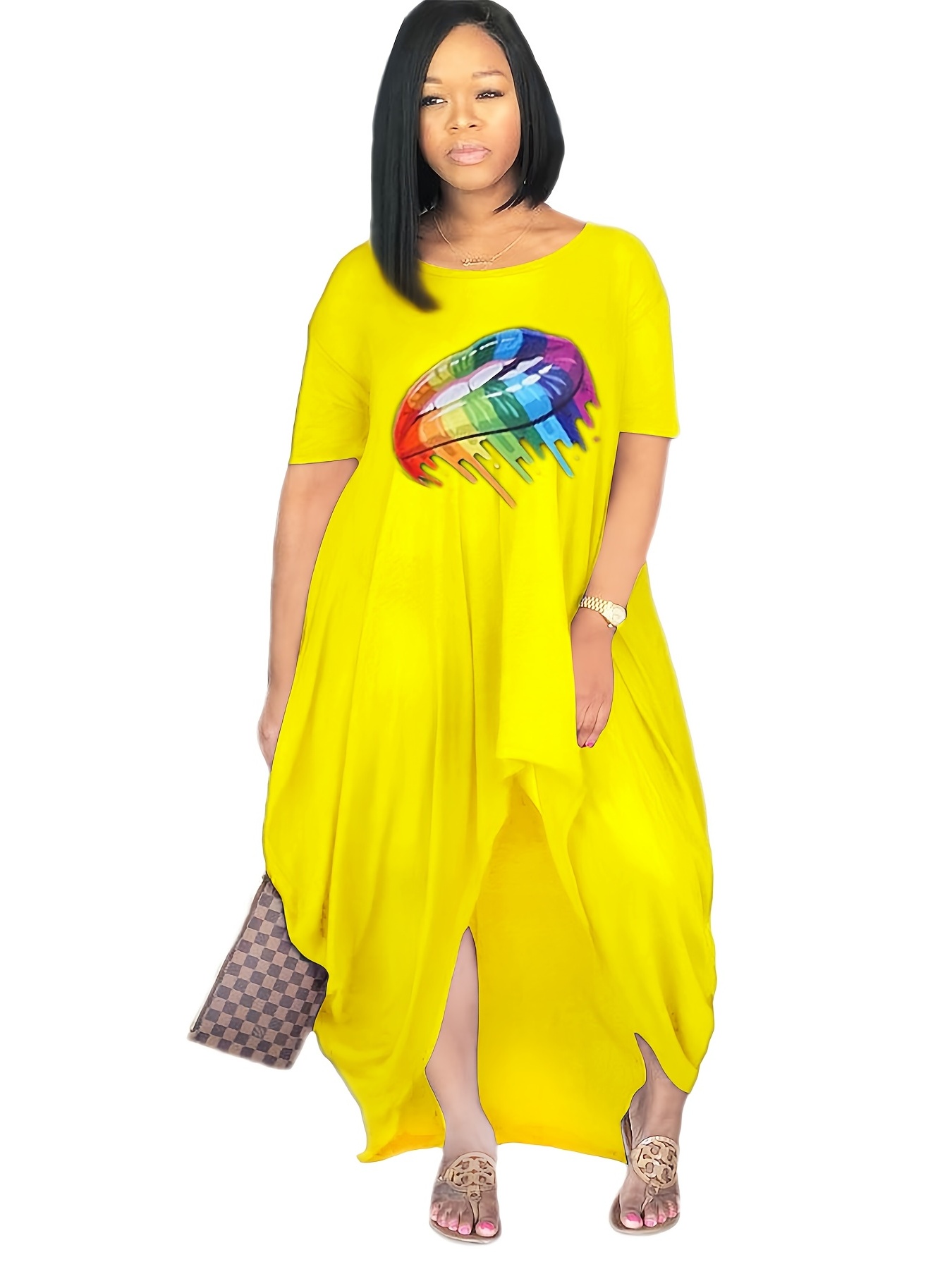 Plus Size Rainbow Color Lip Print Irregular Hem Dress - Temu Norway