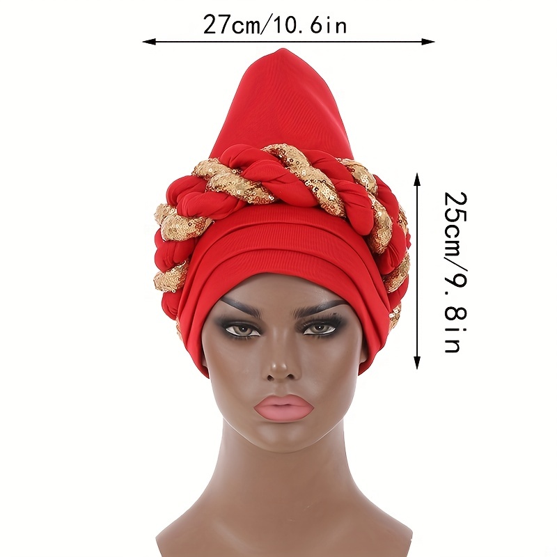 sequin twisted braided red turban head wrap pre tied - {region_name}