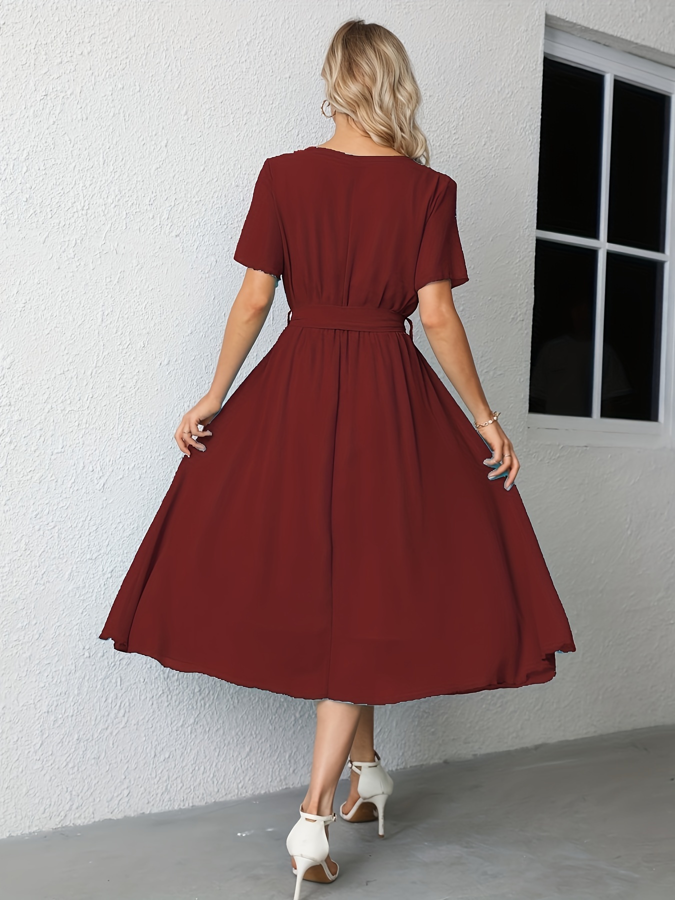 Solid Keyhole Dress Elegant Crew Neck Short Sleeve Semi - Temu