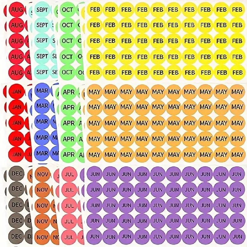 12개월 인덱스 탭 스티커 세트 600개 사전 인쇄된 라벨 자체 접착 및 쉽게 벗겨짐 직경 1인치 조직 색상 Temu