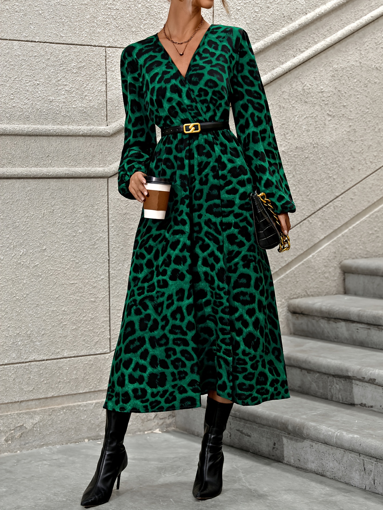 Leopard Print Surplice Neck Dress, Élégante Robe À Manches Longues ...