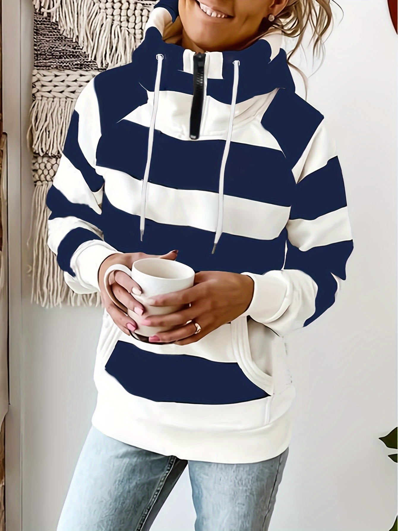 Striped Print Kangaroo Pocket Hoodie Casual Long Sleeve - Temu New Zealand