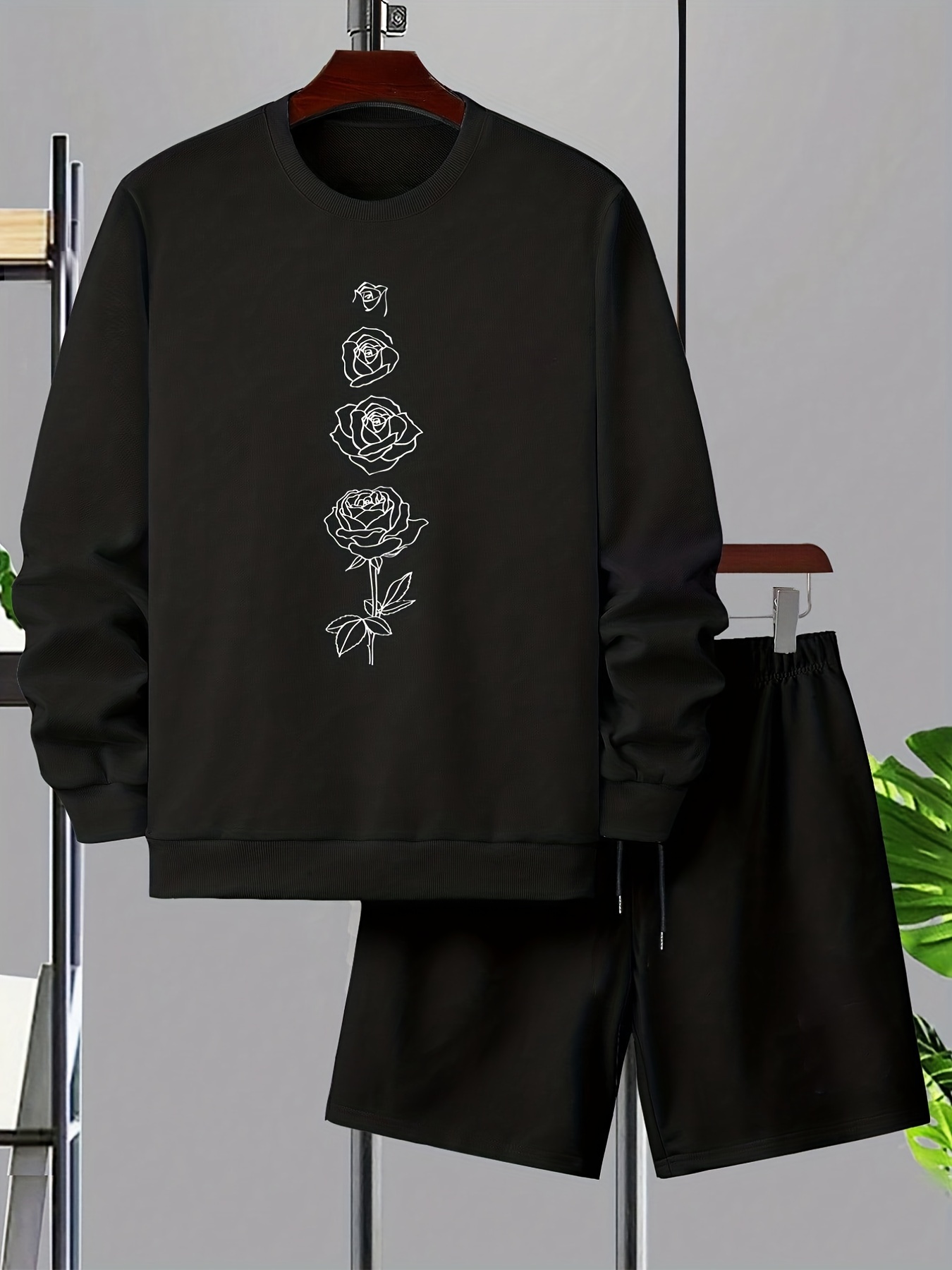 Casual 2pcs Set Mens Rose Pattern Sweatshirt Drawstring Shorts Matching ...