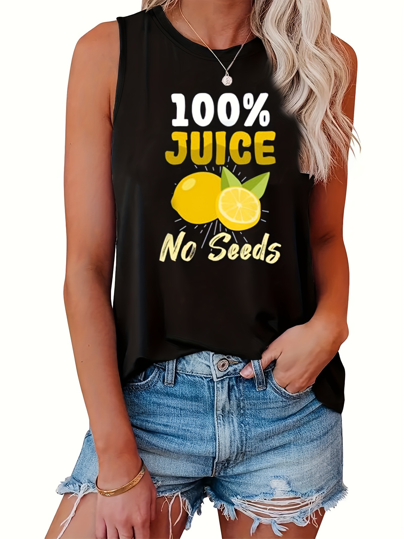 Letter Lemon Print Crew Neck Top Casual Sleeveless Temu Philippines