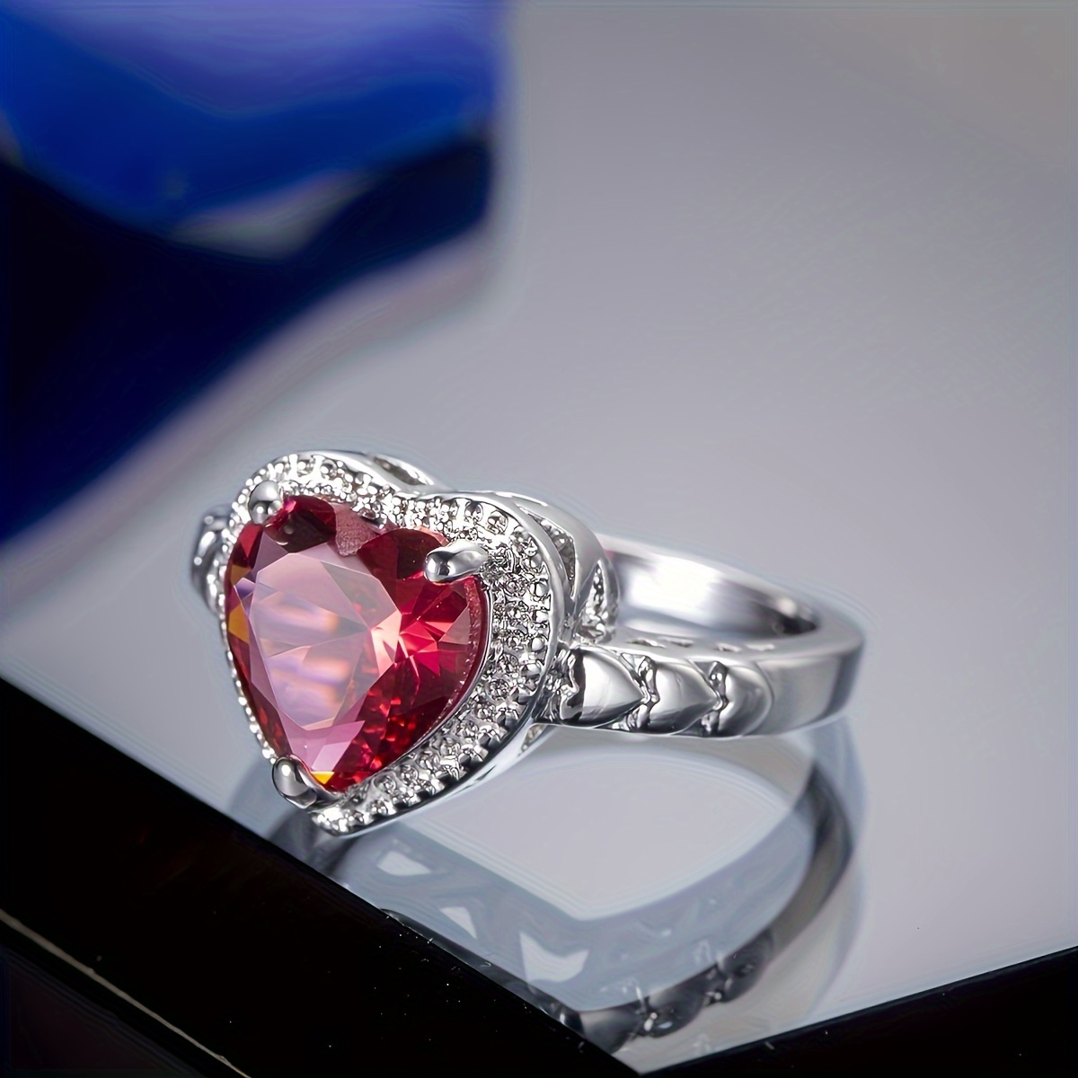Unique Shiny Red Love Heart Faux Crystal Halo Ring Elegant - Temu ...