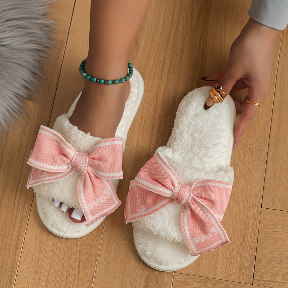 Love Bow Plush Winter Slippers Cute Open Toe Slip Flat Shoes - Temu New ...