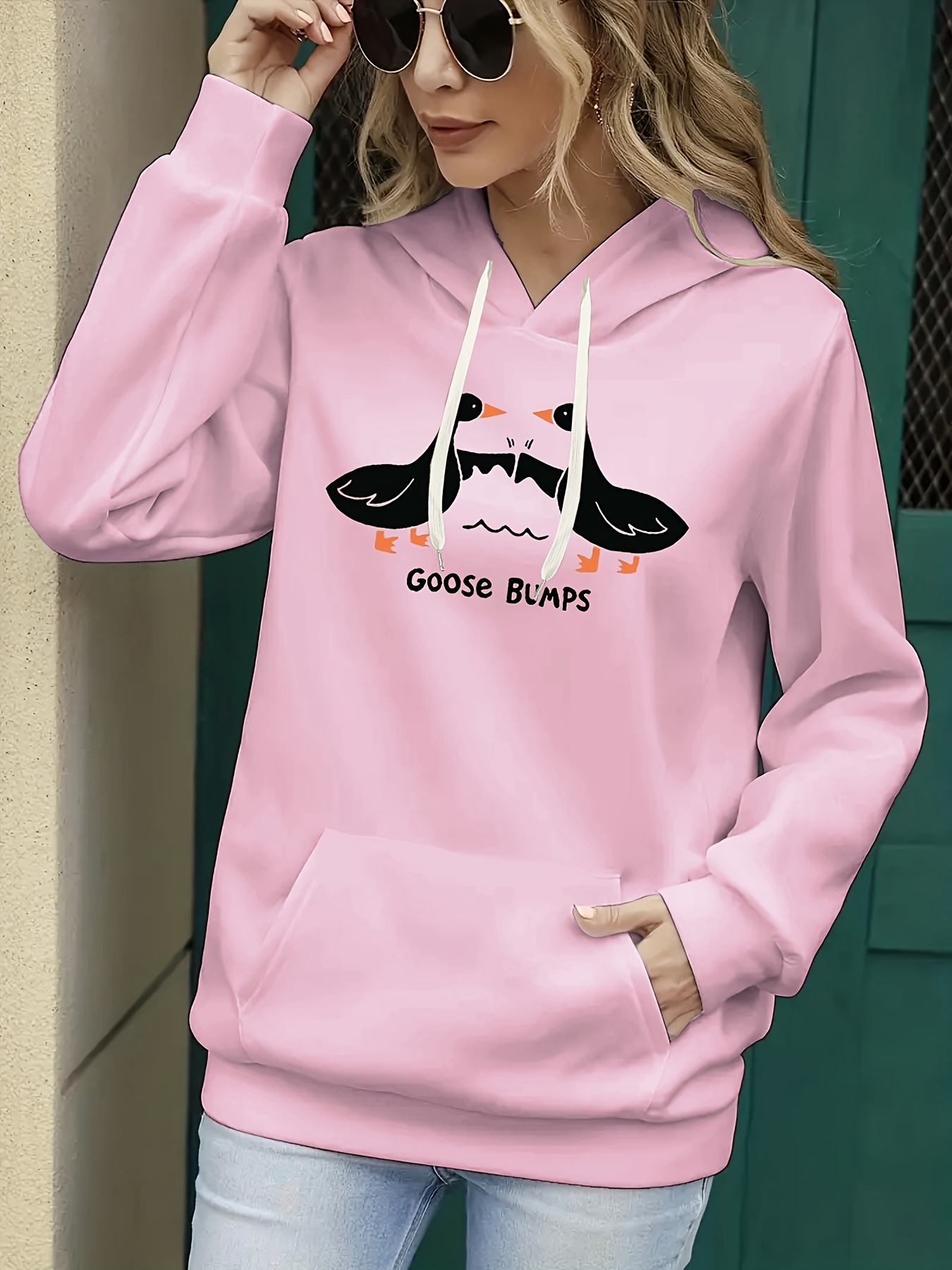 Goose Graphic Fleece Lined Hooded Sweatshirt Long Sleeve - Temu Australia