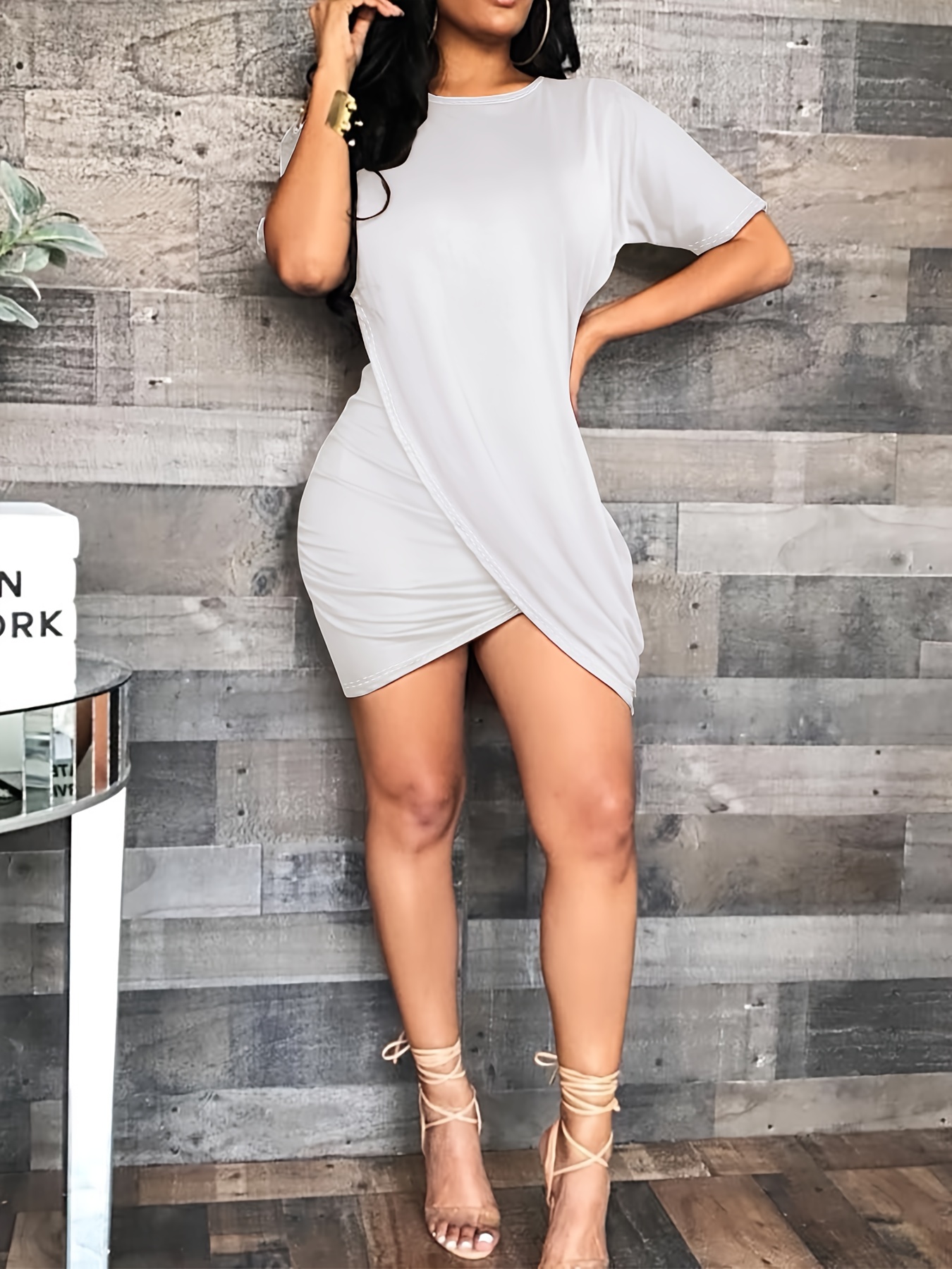 Solid Color Bodycon Wrap Dress Casual Short Sleeve Crew Neck - Temu ...