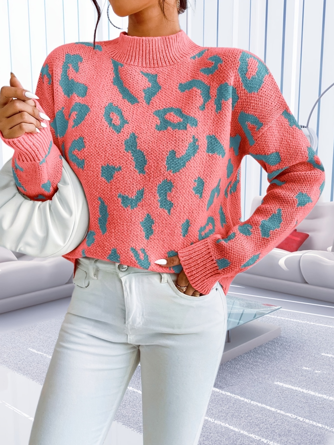 Graphic Pattern Mock Neck Pullover Sweater Casual Long - Temu