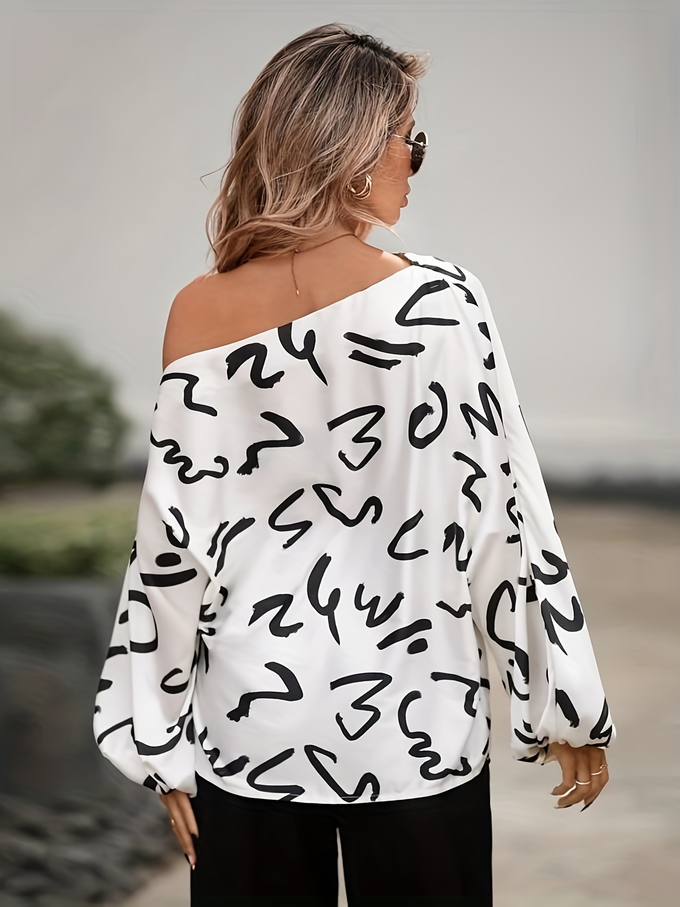 Abstract Print Blouse Casual Slanted Shoulder Lantern Sleeve - Temu ...