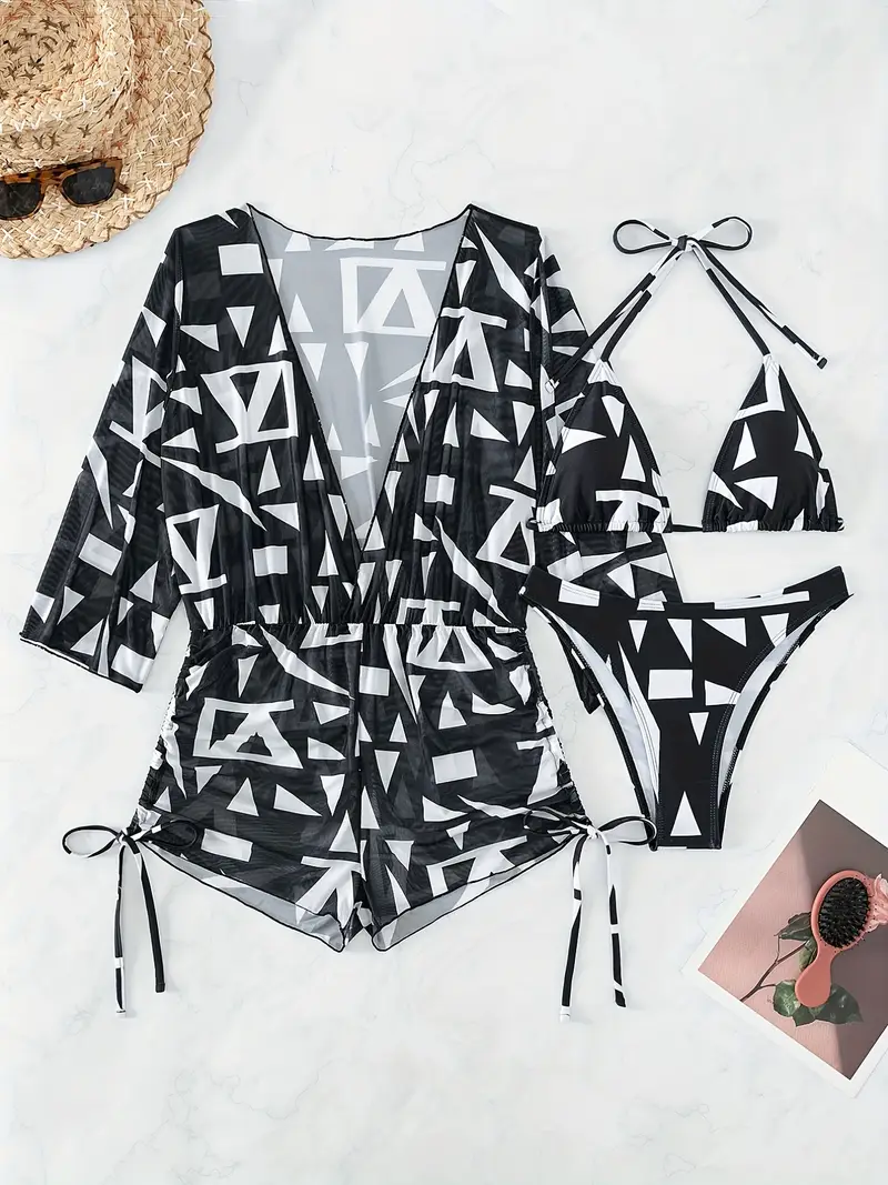 Conjuntos Bikini Estampado Geométrico 3 Piezas Cuello Halter Temu Mexico
