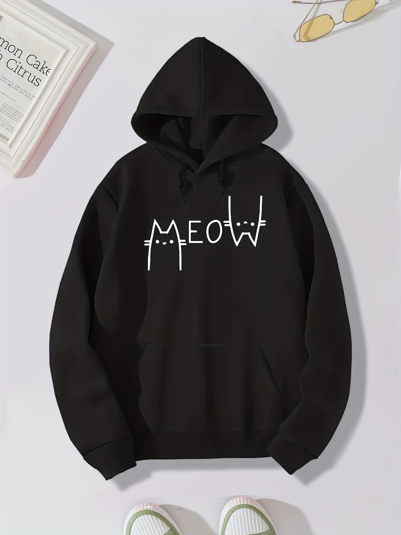 Mens Casual Meow Cat Graphic Fleece Hoodie Drawstring Temu Australia