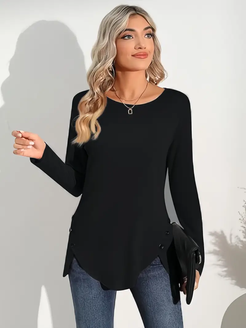 Solid Button Decor Crew Neck T Shirt Casual Long Sleeve Top Temu