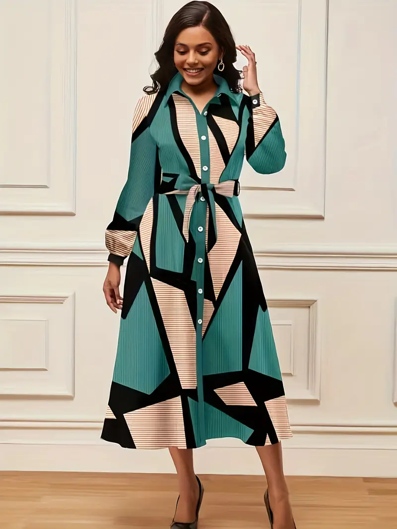 Geo Print Midi Dress Elegant Button Front Long Sleeve Dress Temu