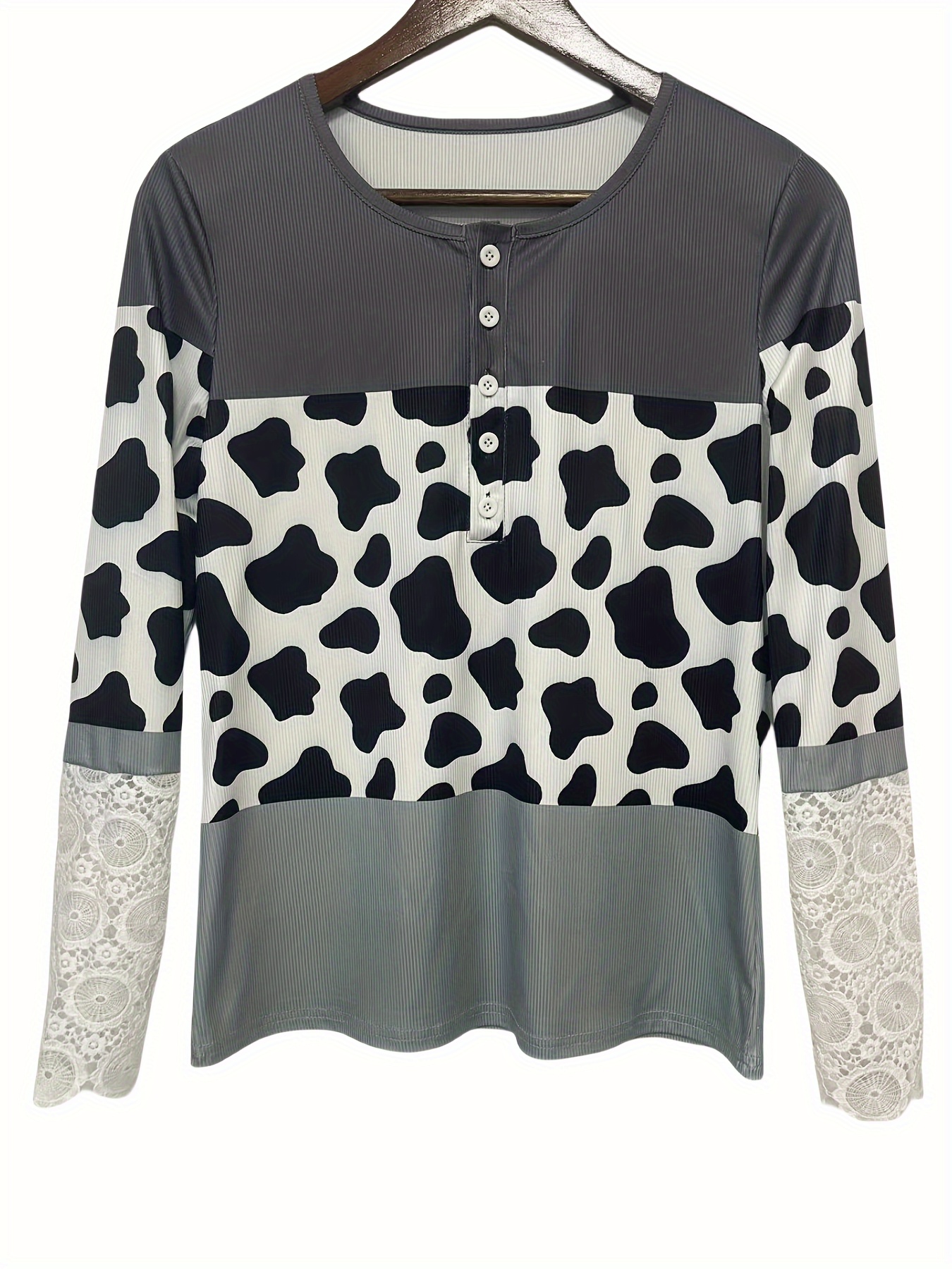 lace stitching colorblock button front t shirt casual long - Temu ...