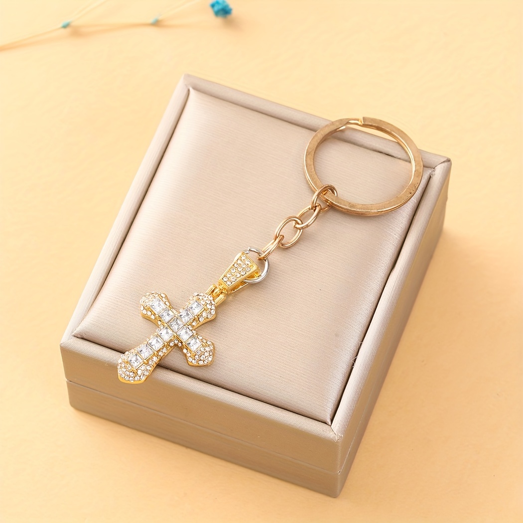 1pc Golden Base Rhinestone Cross Keychain For Men - Jewelry ...