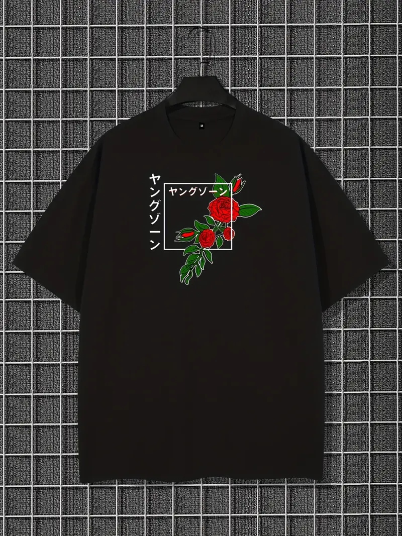 Flower Japanese Letter Pattern Print Mens T Shirt Graphic Temu Australia