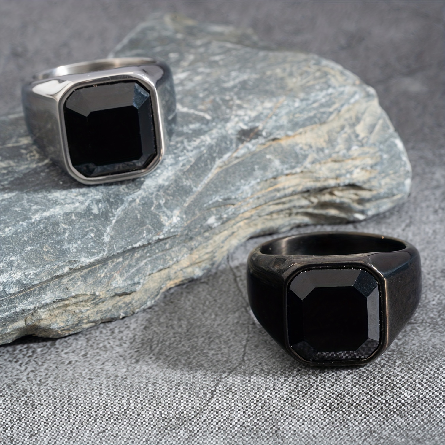 Men's Stainless Steel Silvery Black Rings Square Black Cubic - Temu ...
